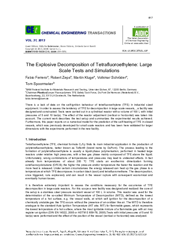 (PDF) The Explosive Decomposition of Tetrafluoroethylene: Large Scale ...