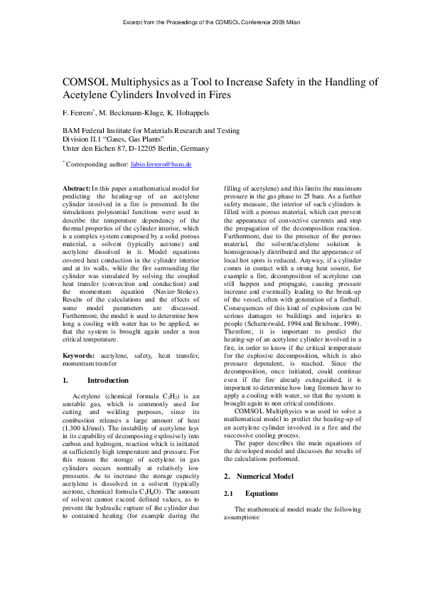 (PDF) COMSOL Multiphysics as a Tool to Increase Safety in the Handling of Acetylene Cylinders ...