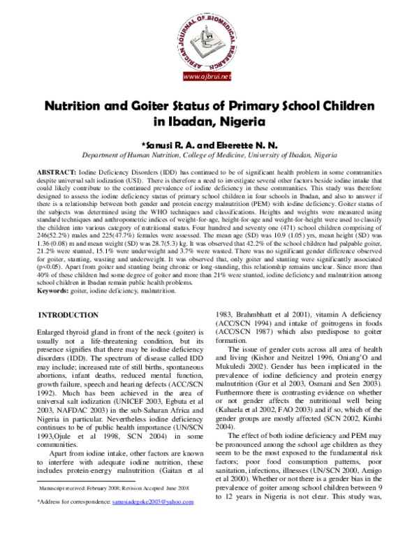 (PDF) Nutrition and Goiter Status of Primary School Children in Ibadan ...