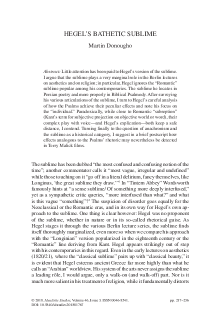 (PDF) HEGEL'S BATHETIC SUBLIME | Martin Donougho - Academia.edu