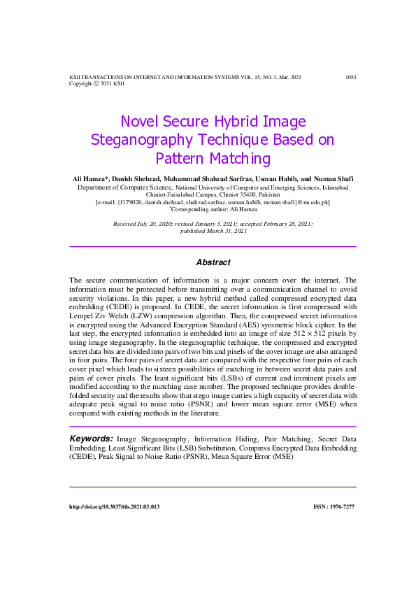 (PDF) Novel Secure Hybrid Image Steganography Technique Based on Pattern Matching
