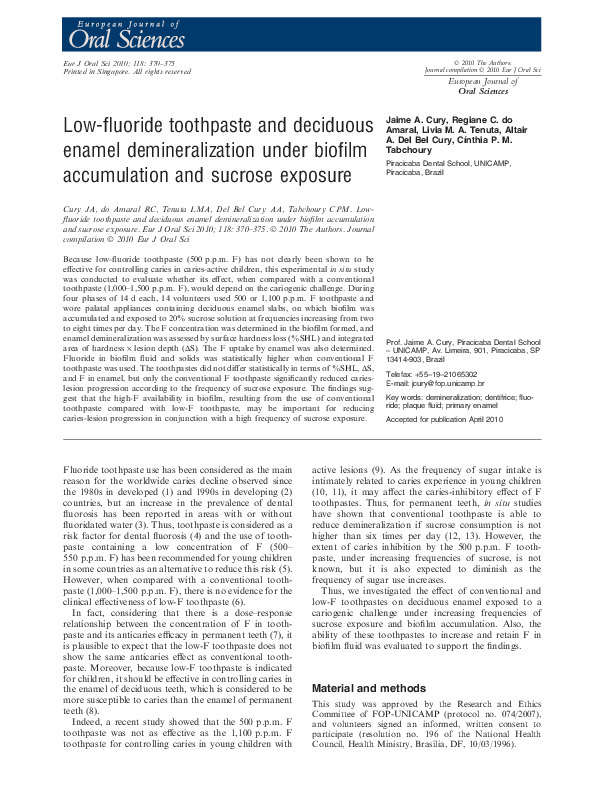 (PDF) Low‐fluoride toothpaste and deciduous enamel demineralization ...