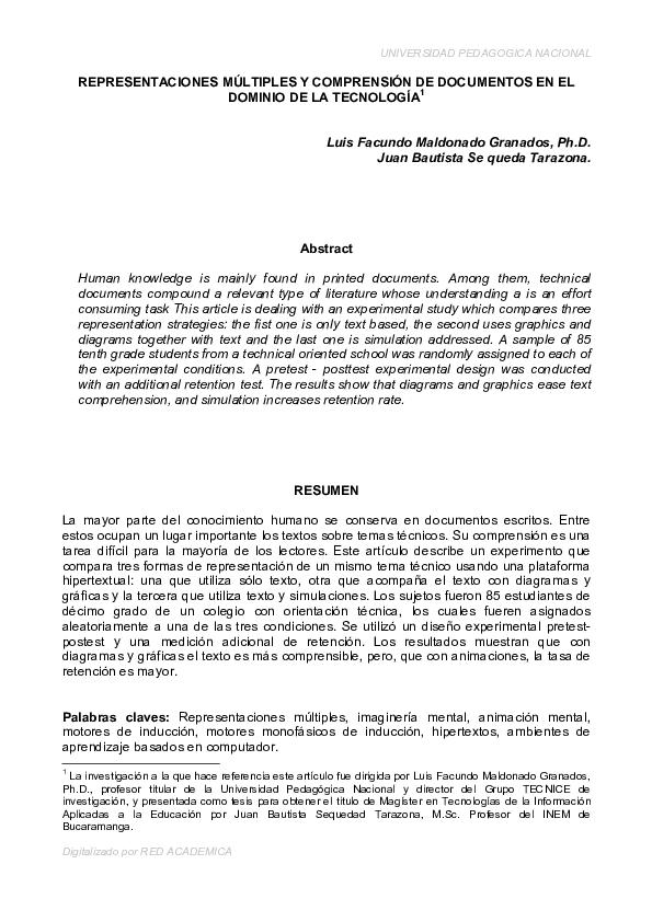 (PDF) Representaciones Múltiples y Comprensión De Documentos en El Dominio De La Tecnología