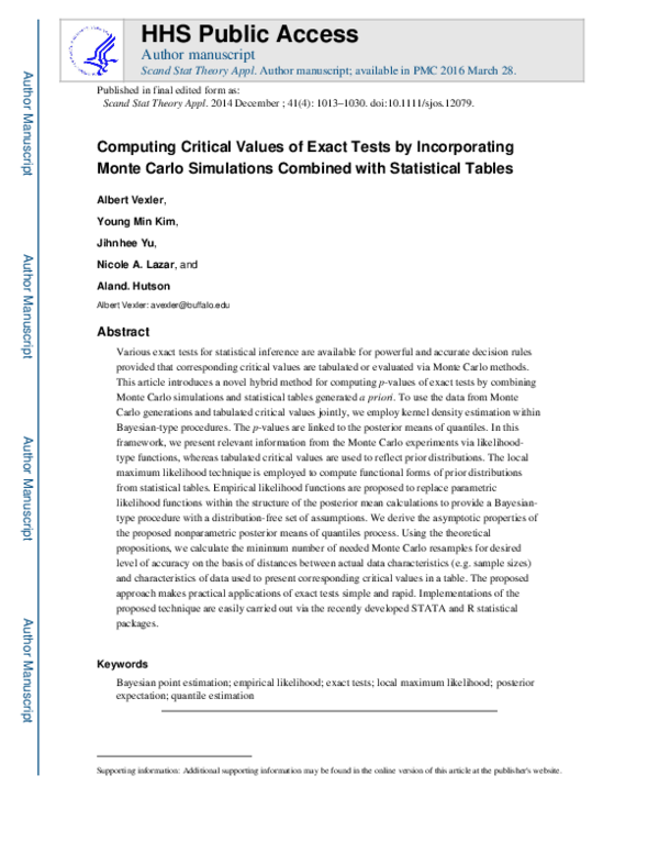 (PDF) Computing Critical Values of Exact Tests by Incorporating Monte ...