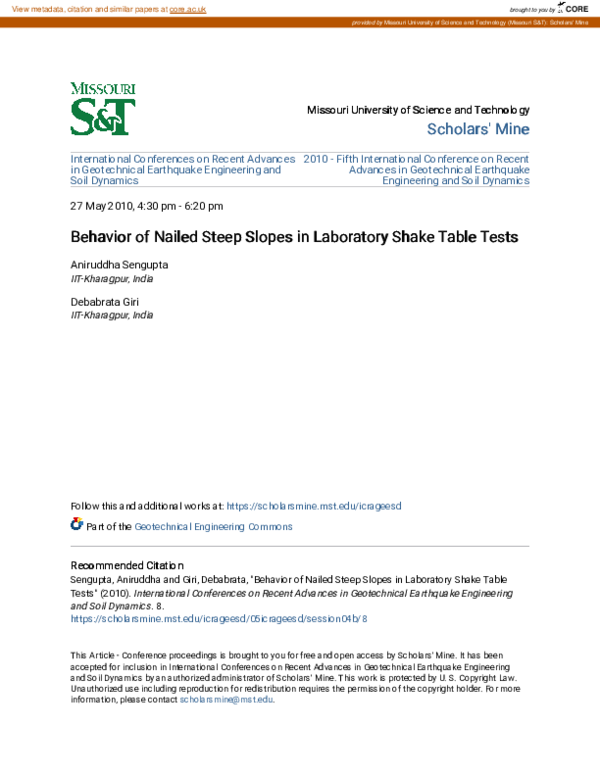 (PDF) Behavior of Nailed Steep Slopes in Laboratory Shake Table Tests