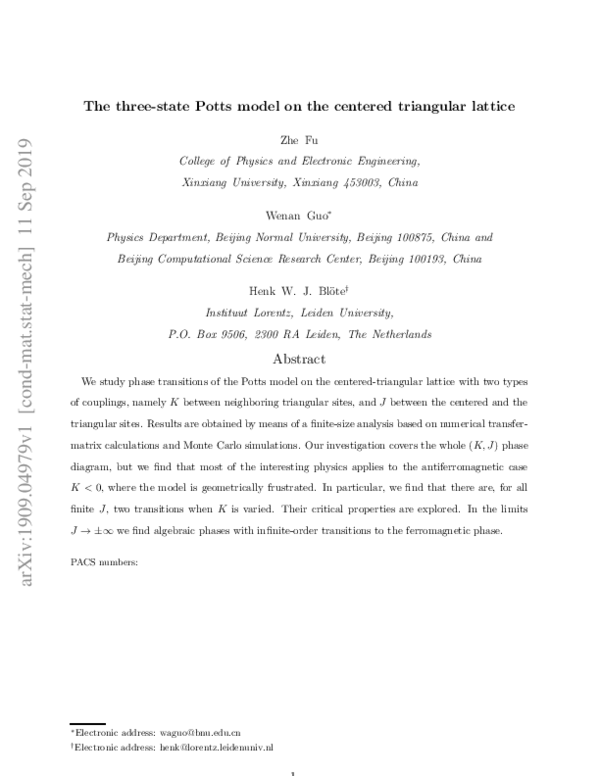 (PDF) Three-state Potts model on the centered triangular lattice