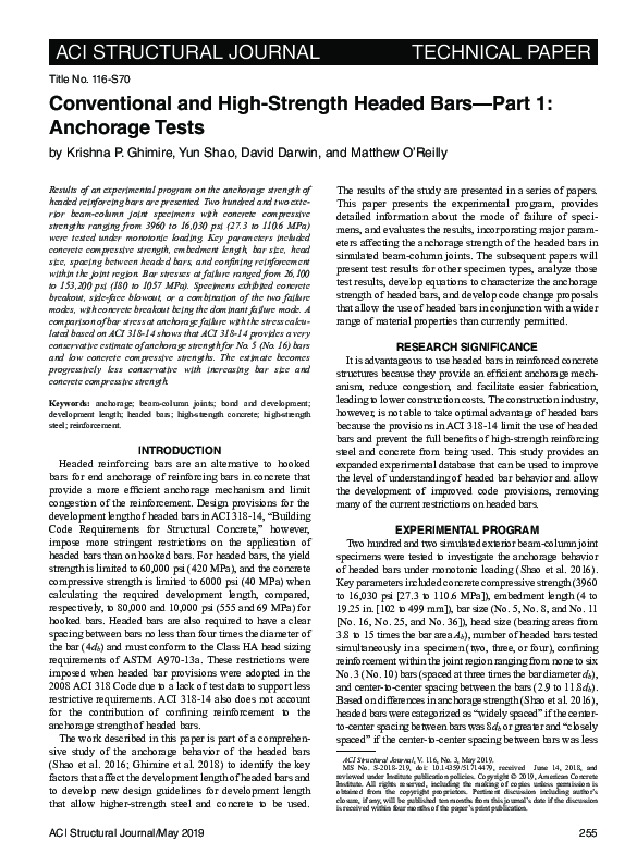 (PDF) Conventional and High-Strength Headed Bars—Part 1: Anchorage Tests