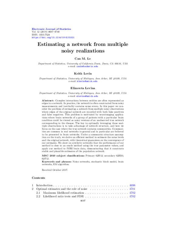 (PDF) Estimating a network from multiple noisy realizations | Cần Lê - Academia.edu