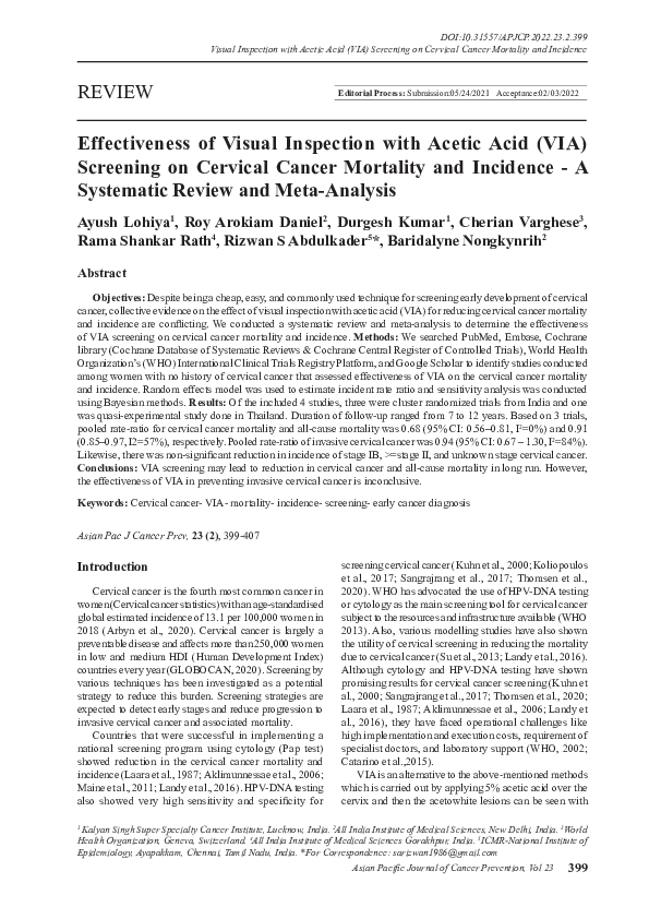 (PDF) VIA Screening Impact on Cervical Cancer Mortality & Incidence