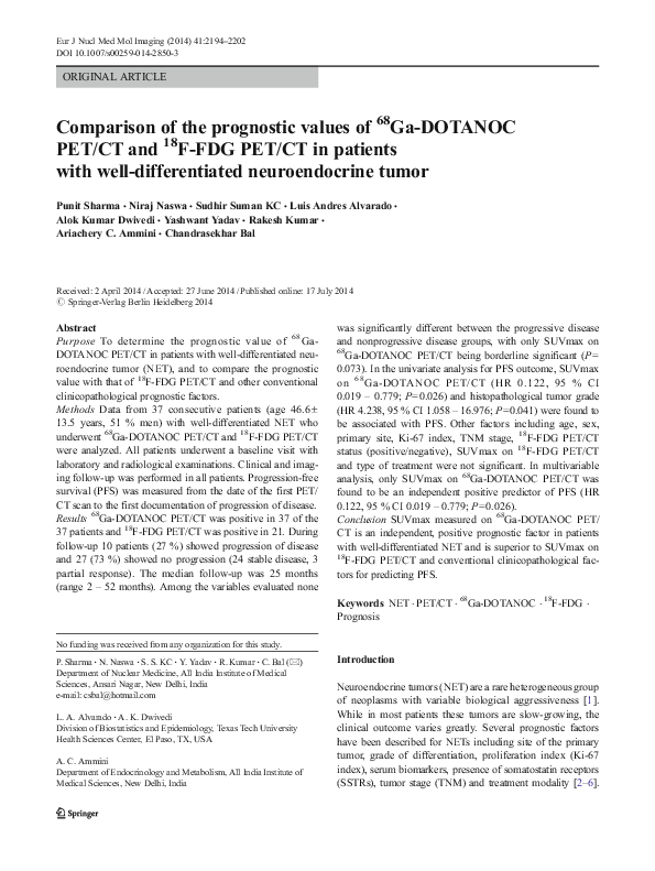 (PDF) Comparison of the prognostic values of 68Ga-DOTANOC PET/CT and ...