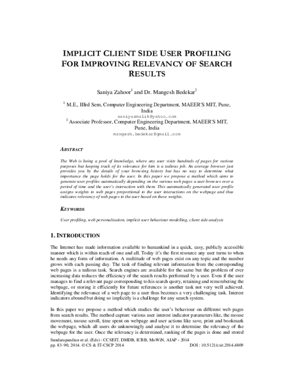 (PDF) Implicit Client Side User Profiling for Improving Relevancy of Search Results