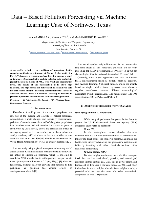 (PDF) Data - Based Pollution Forecasting via Machine Learning: Case of Northwest Texas
