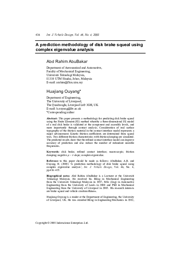 (PDF) A prediction methodology of disk brake squeal using complex eigenvalue analysis