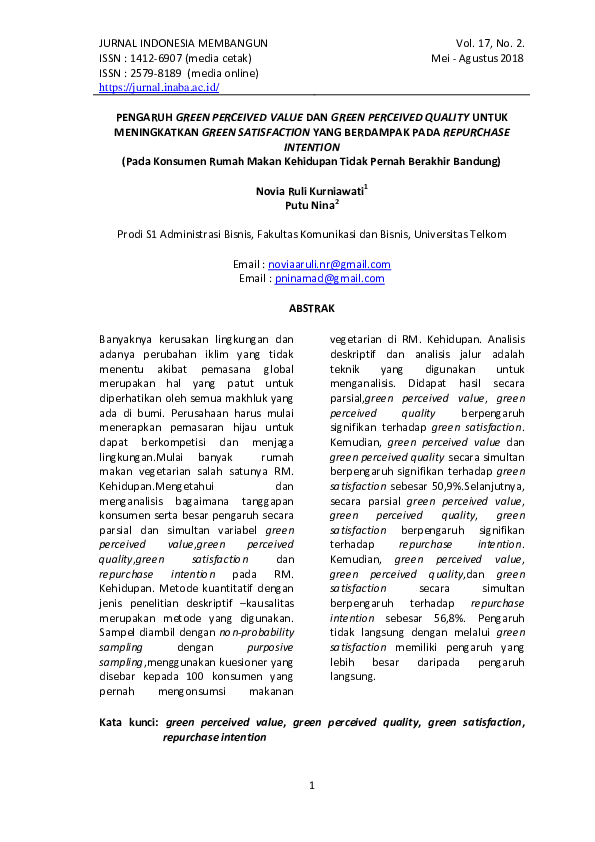 (PDF) Pengaruh Green Perceived Value dan Green Perceived Risk terhadap Green Purchase Intention ...