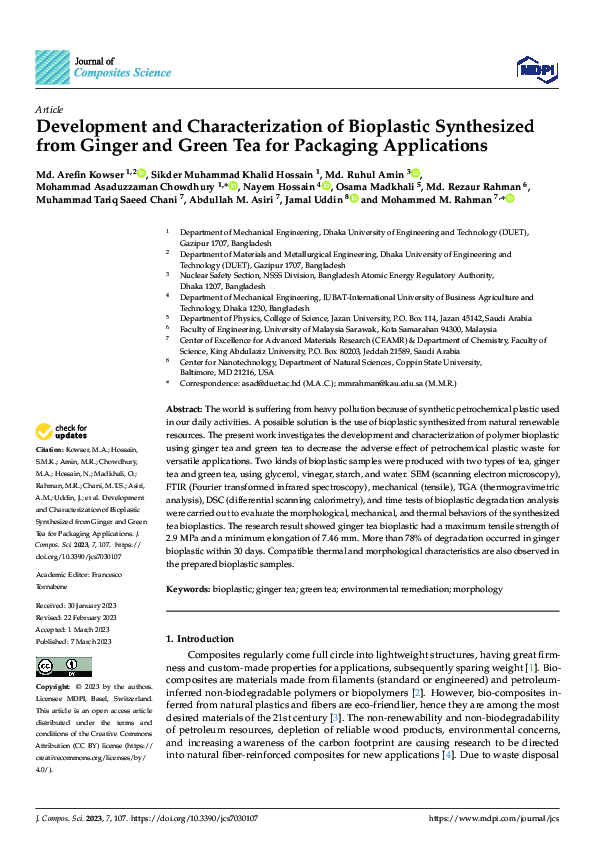(PDF) Development and Characterization of Bioplastic Synthesized from Ginger and Green Tea for ...