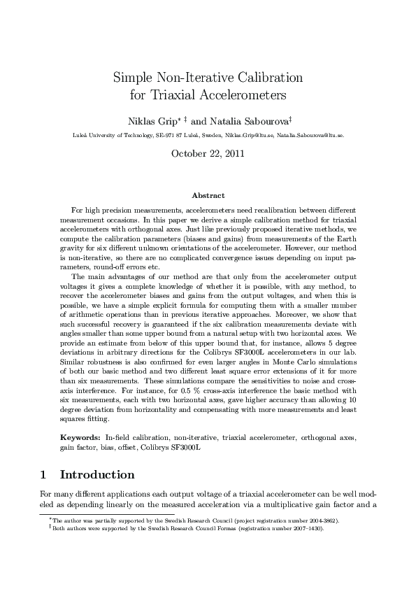 (PDF) Simple non-iterative calibration for triaxial accelerometers