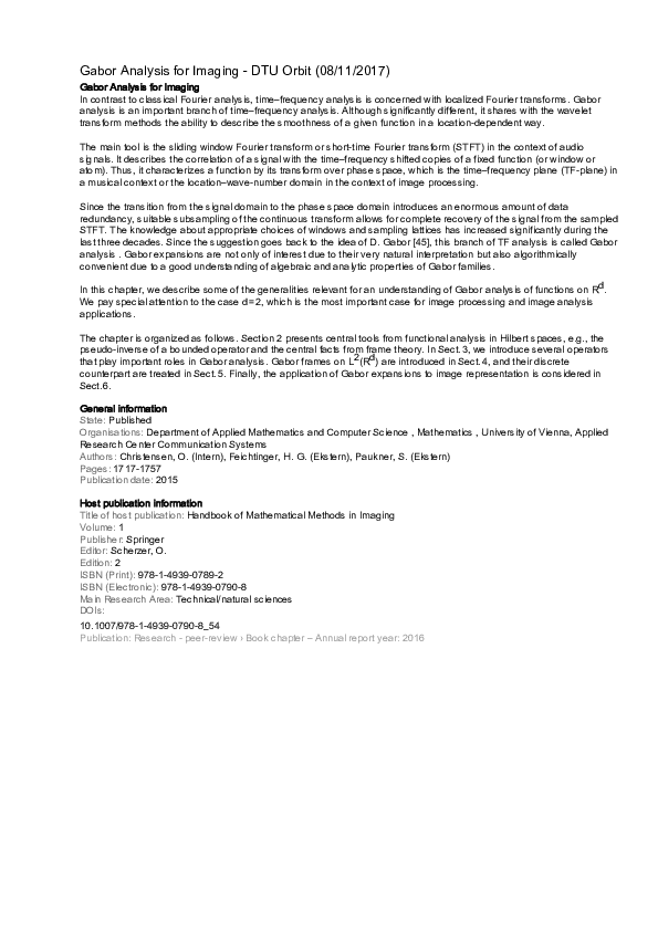 (PDF) Gabor Analysis for Imaging