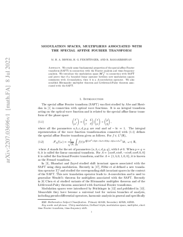 (PDF) Modulation Spaces, Multipliers Associated with the Special Affine Fourier Transform