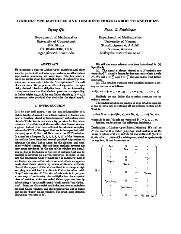 (PDF) Gabor-type matrices and discrete huge Gabor transforms