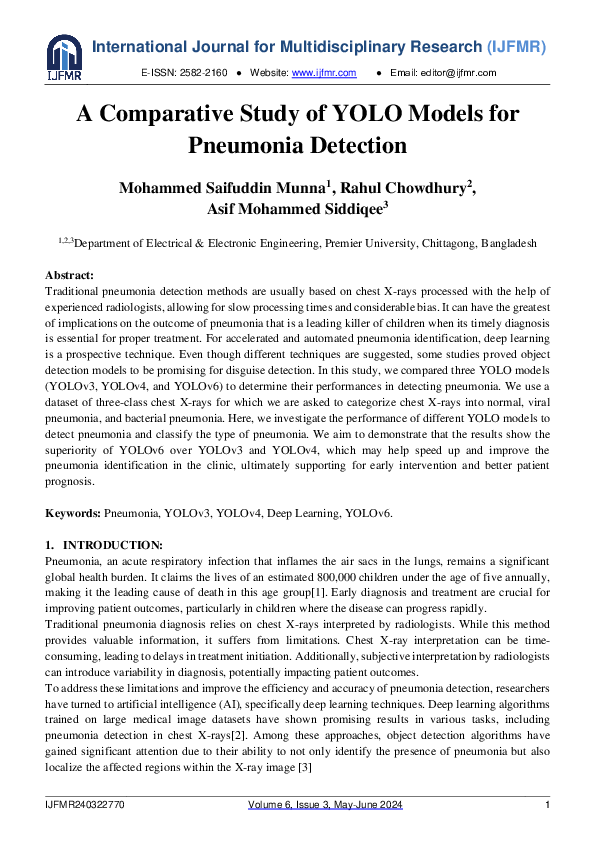 (PDF) A Comparative Study of YOLO Models for Pneumonia Detection