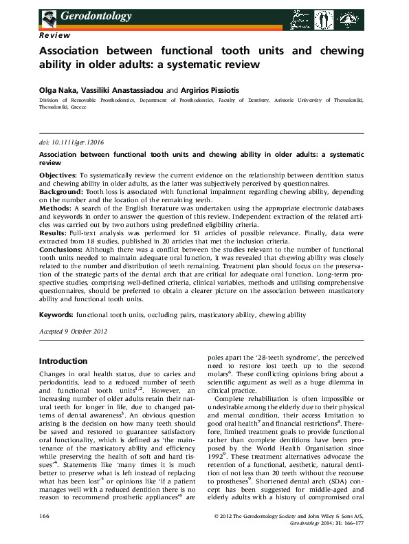 (PDF) Association between functional tooth units and chewing ability in ...