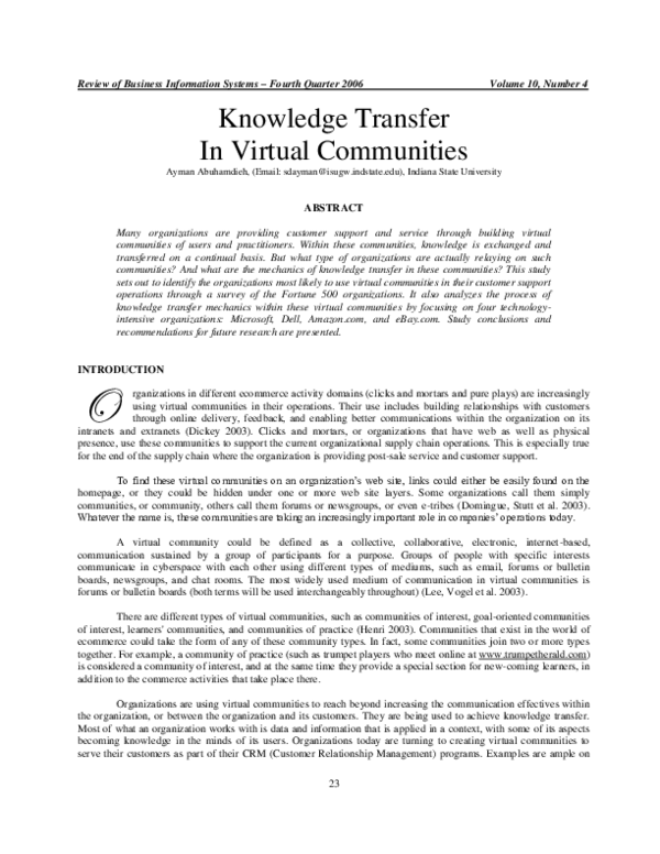 (PDF) Knowledge Transfer In Virtual Communities