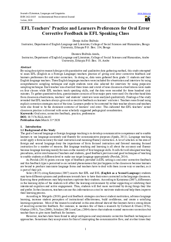(PDF) EFL Teachers’ Practice and Learners Preferences for Oral Error ...