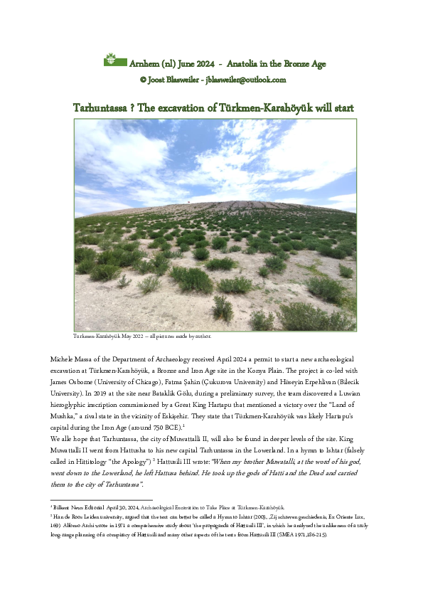 (PDF) Tarhuntassa ? The excavation of Türkmen-Karahöyük will start