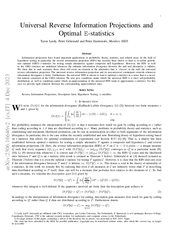 (PDF) Universal Reverse Information Projections and Optimal E-statistics
