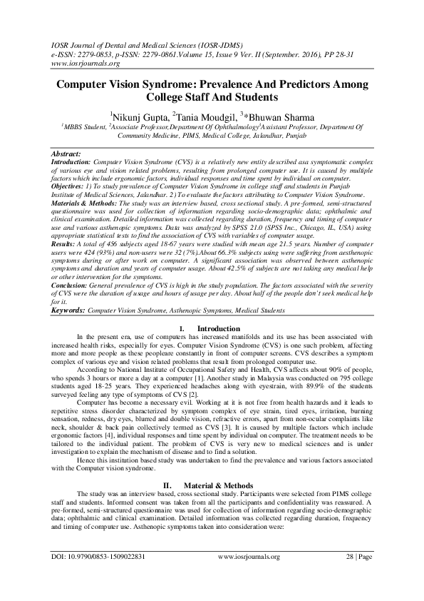 (PDF) Computer Vision Syndrome: Prevalence And Predictors Among College ...