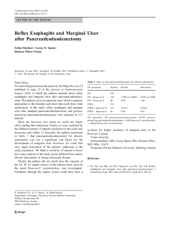 (PDF) Reflux Esophagitis and Marginal Ulcer after Pancreaticoduodenectomy