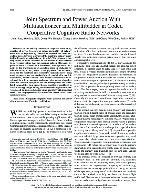 (PDF) Joint Spectrum and Power Auction With Multiauctioneer and Multibidder in Coded Cooperative ...