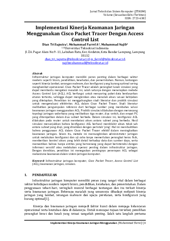 (PDF) Implementasi Kinerja Keamanan Jaringan Menggunakan Cisco Packet Tracer Dengan Access ...