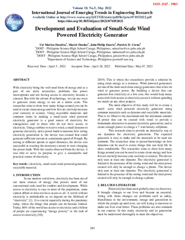 (PDF) Development and Evaluation of Small-Scale Wind Powered Electricity Generator