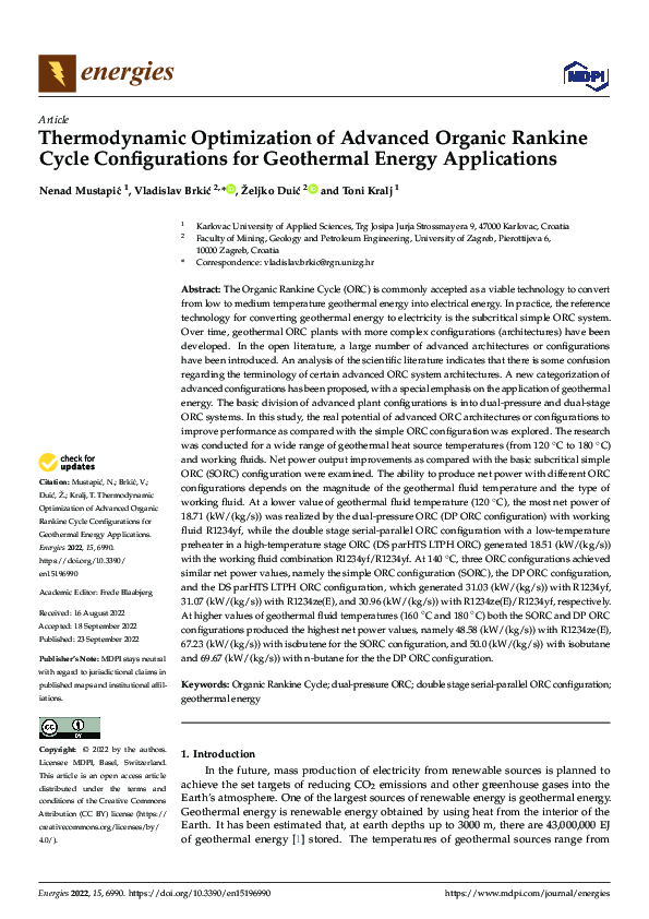 (PDF) Thermodynamic Optimization of Advanced Organic Rankine Cycle Configurations for Geothermal ...