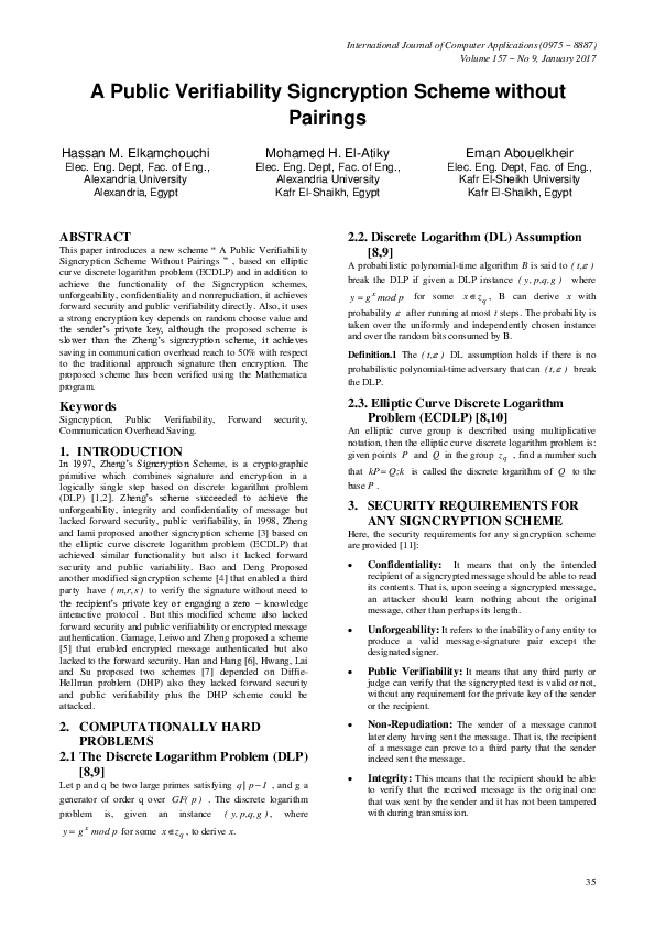 (PDF) A Public Verifiability Signcryption Scheme without Pairings | Dr Eman Abouelkheir ...