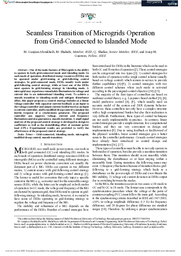 (PDF) Seamless Transition of Microgrids Operation From Grid-Connected to Islanded Mode
