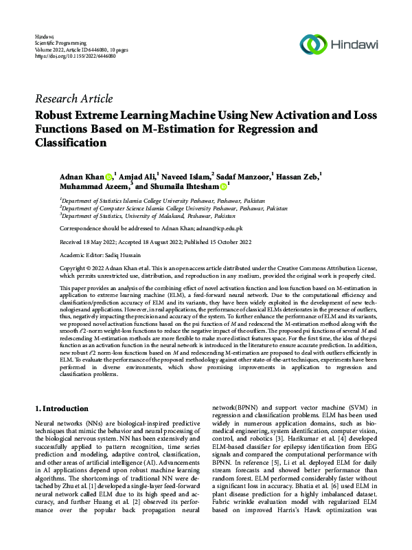 (PDF) Robust Extreme Learning Machine Using New Activation and Loss Functions Based on M ...