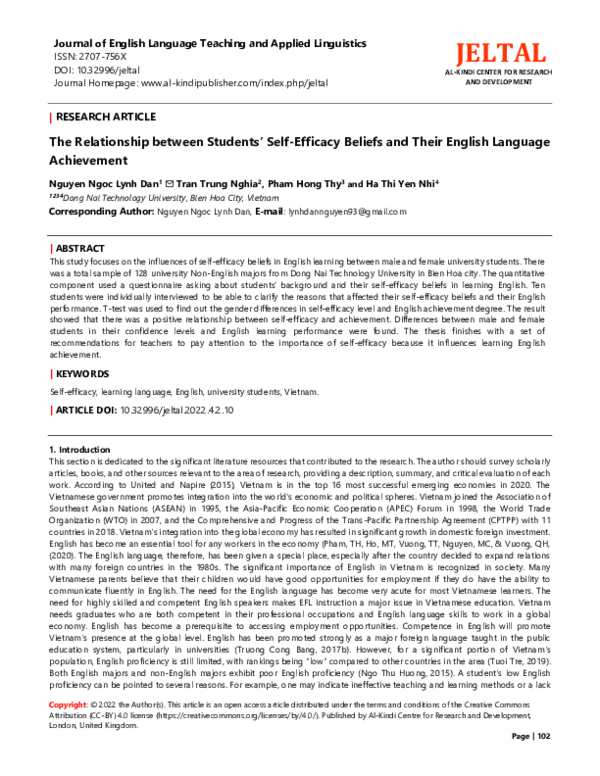 (PDF) The Relationship between Students’ Self-Efficacy Beliefs and Their English Language ...