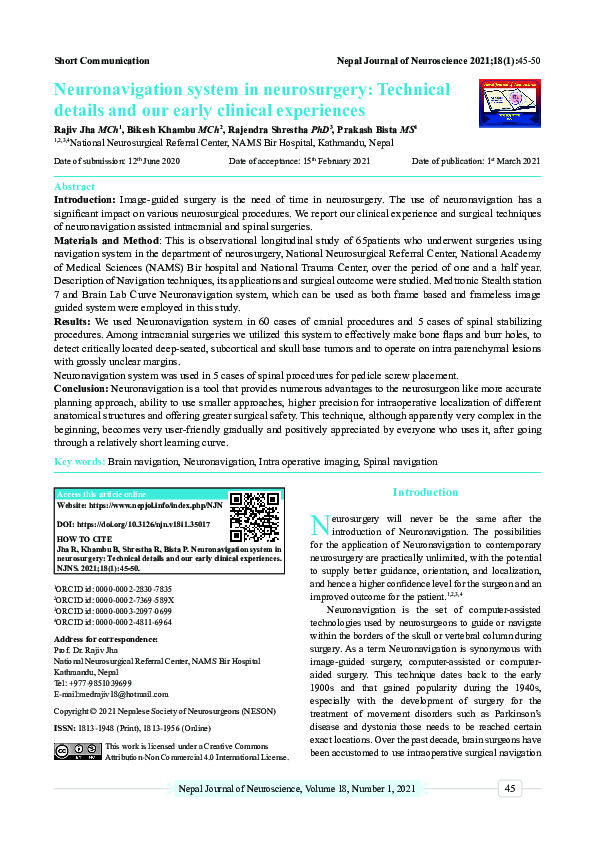 (PDF) Neuronavigation system in neurosurgery: Technical details and our early clinical experiences