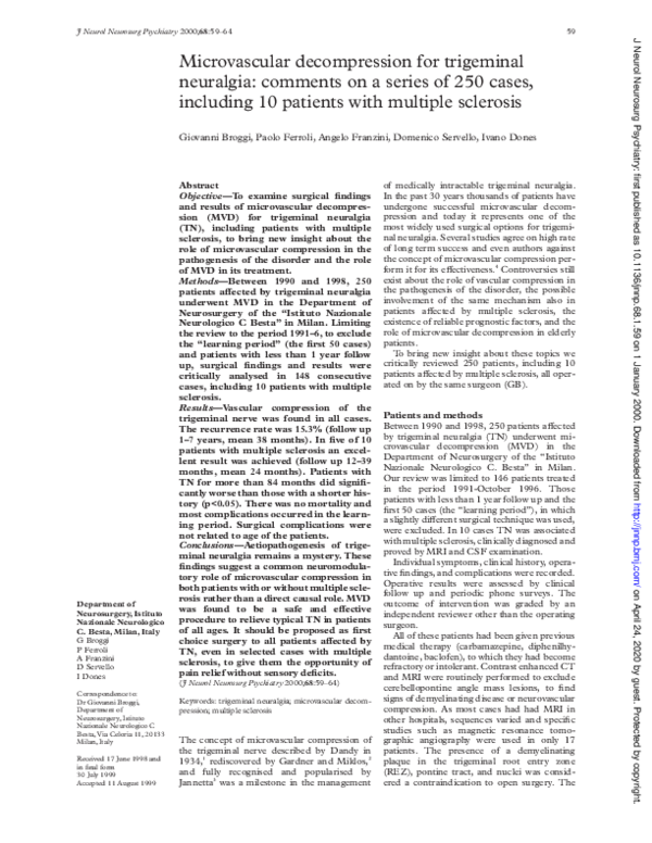 (PDF) Microvascular decompression for trigeminal neuralgia | RAJIV JHA ...