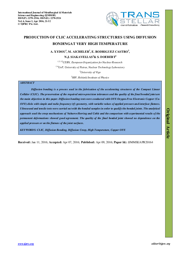 (PDF) Production of Clic Accelerating Structures Using Diffusion Bondingat Very High Temperature