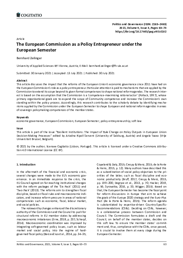 (PDF) The European Commission as a Policy Entrepreneur under the ...