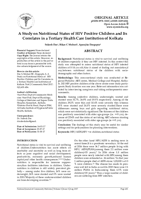 (PDF) A Study on Nutritional Status of HIV Positive Children and Its ...