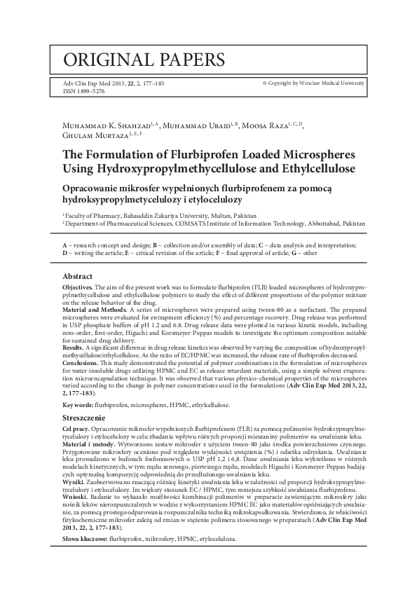 Pdf The Formulation Of Flurbiprofen Loaded Microspheres Using Hydroxypropylmethycellulose And