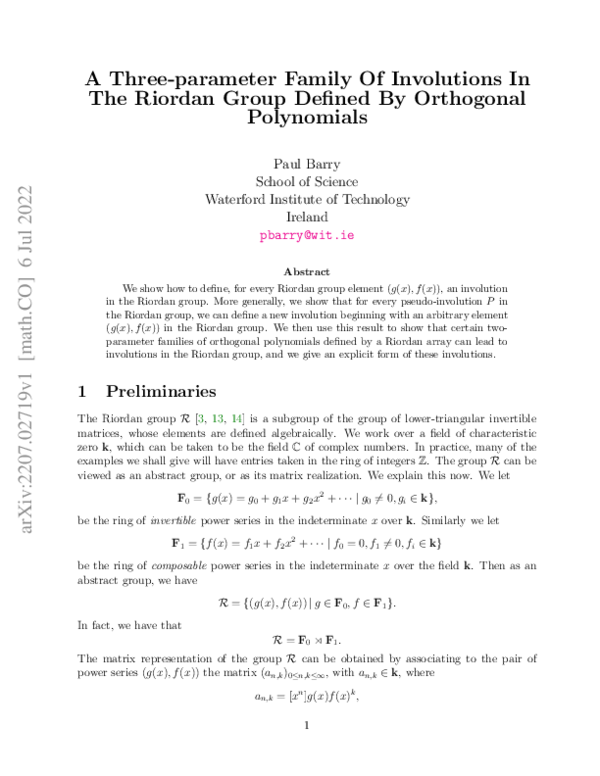(PDF) A Three-parameter Family Of Involutions In The Riordan Group ...