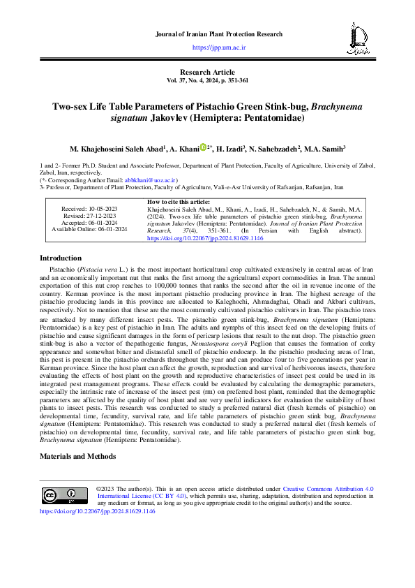 (PDF) Two-sex Life Table Parameters of Pistachio Green Stink-bug ...
