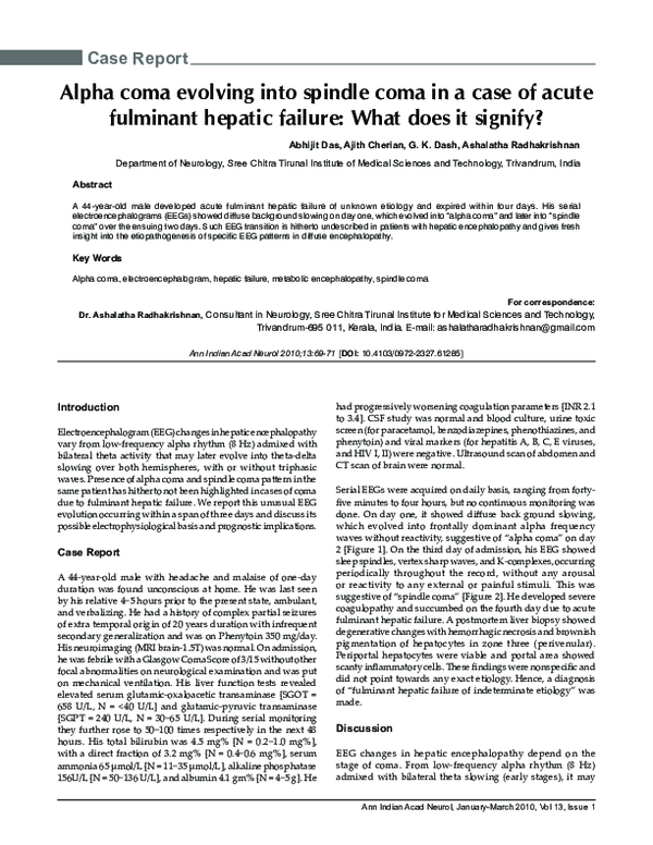 (PDF) Alpha coma evolving into spindle coma in a case of acute fulminant hepatic failure: What ...