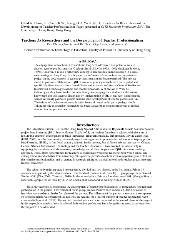 (PDF) Teachers As Researchers and the Development of Teacher Professionalism