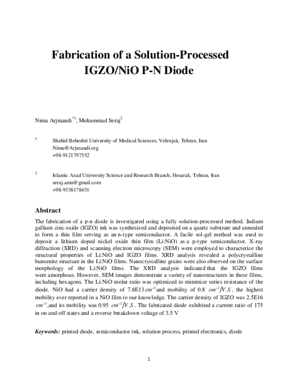 (PDF) Fabrication of a Solution-Processed IGZO/NiO P-N Diode